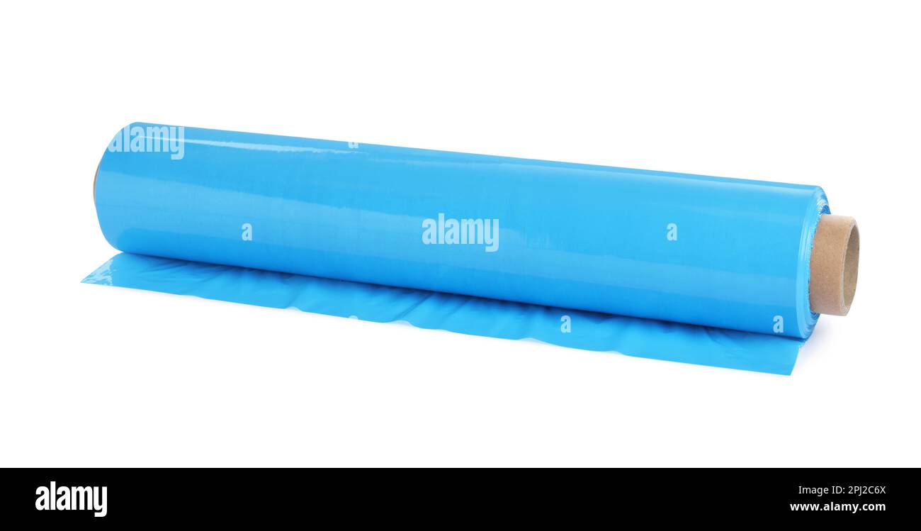 Roll of light blue stretch wrap isolated on white Stock Photo - Alamy