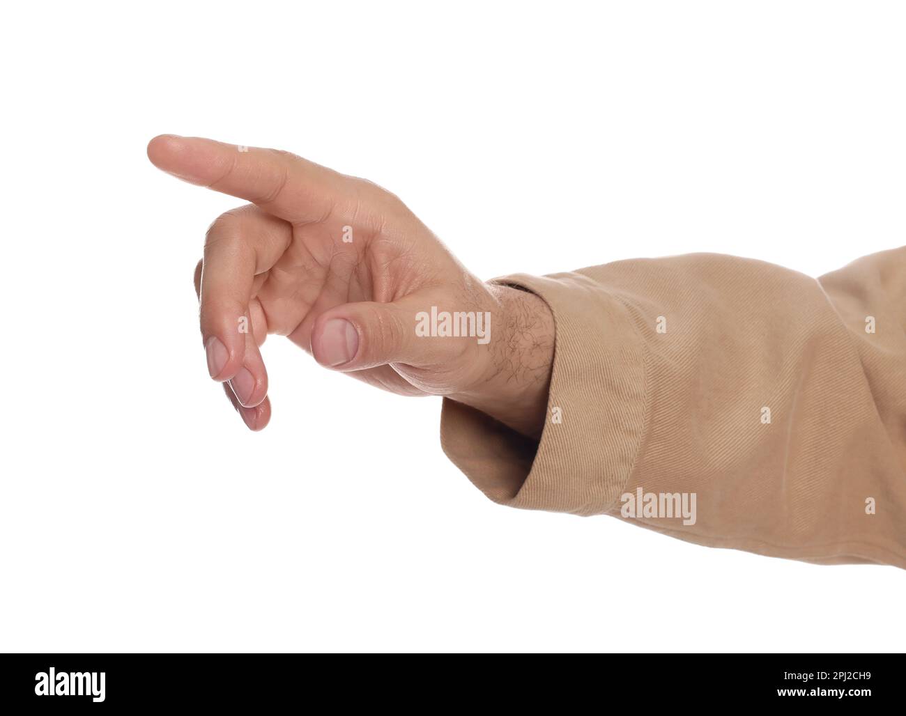 Man pointing at something against white background, closeup on hand ...