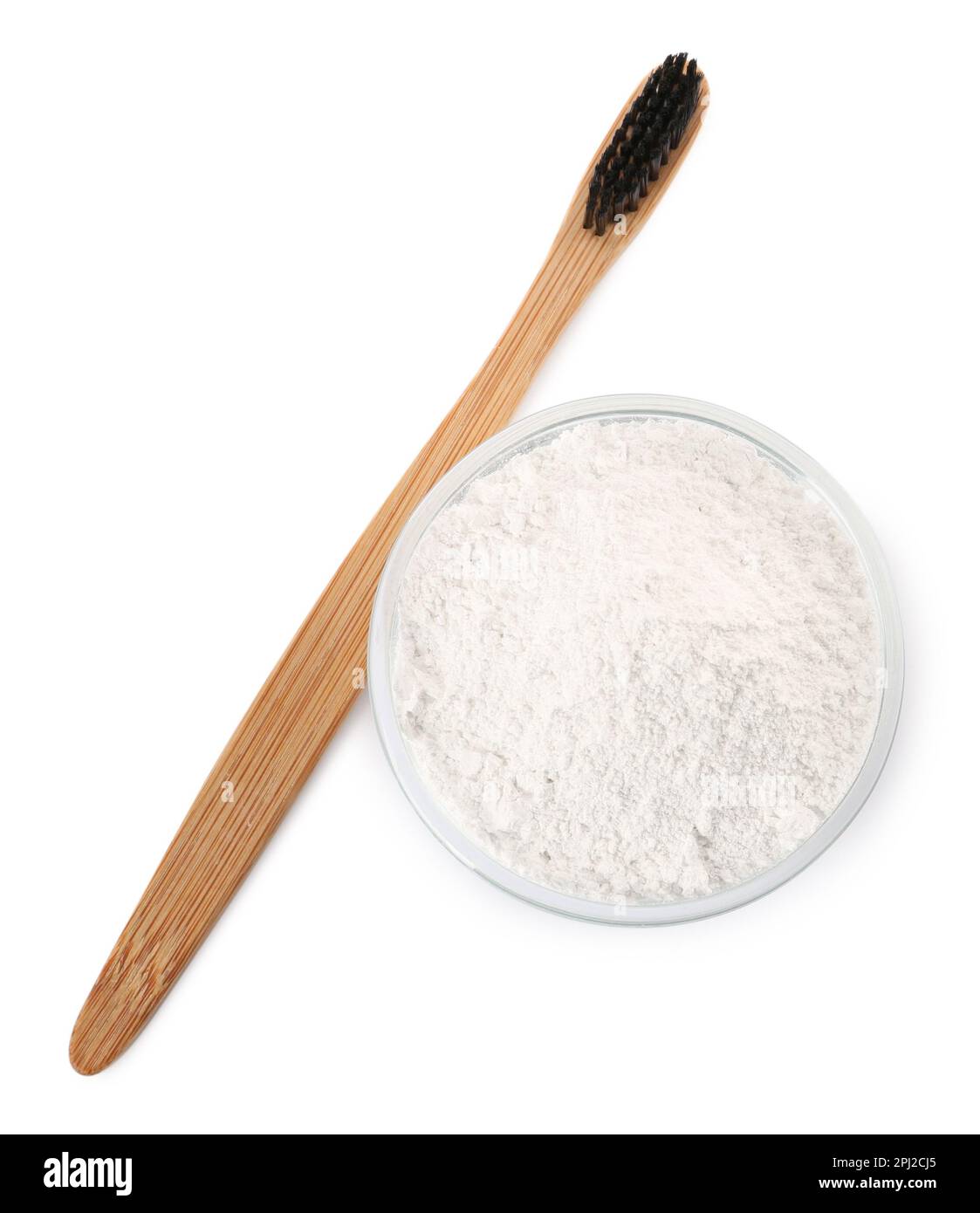 Bowl of tooth powder and brush on white background, top view Stock ...