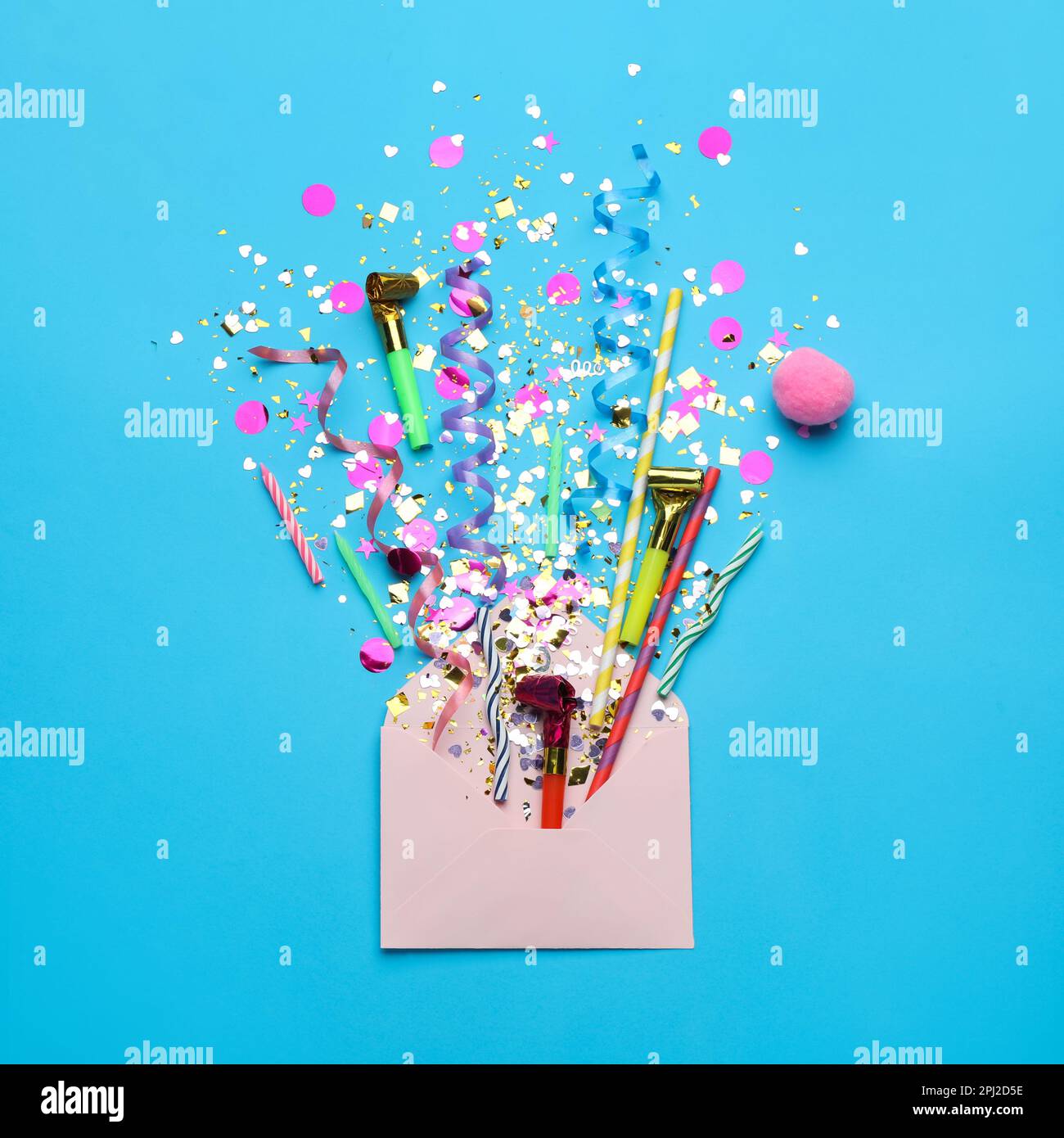 Beautiful flat lay composition with envelope and festive items on light ...