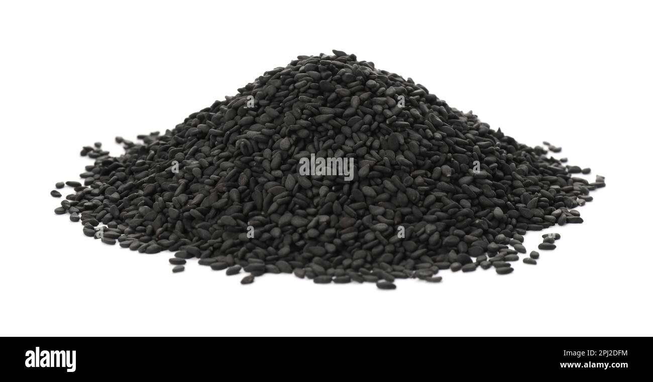 Heap of black sesame seeds on white background Stock Photo - Alamy