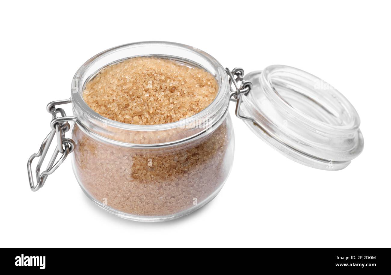 Brown sugar in glass jar isolated on white Stock Photo - Alamy