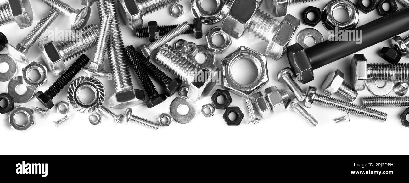 Different metal bolts and nuts on white background, top view Stock ...