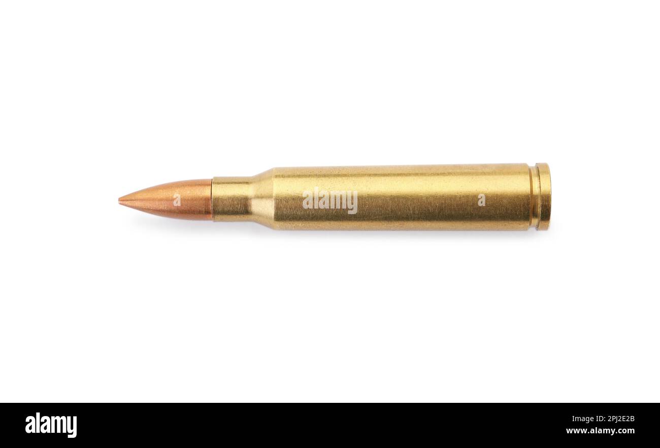 One bullet isolated on white, top view. Military ammunition Stock Photo ...