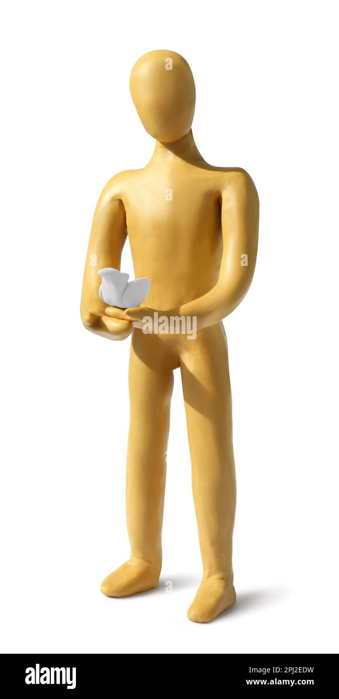 Human figure with small dove made of plasticine isolated on white Stock ...