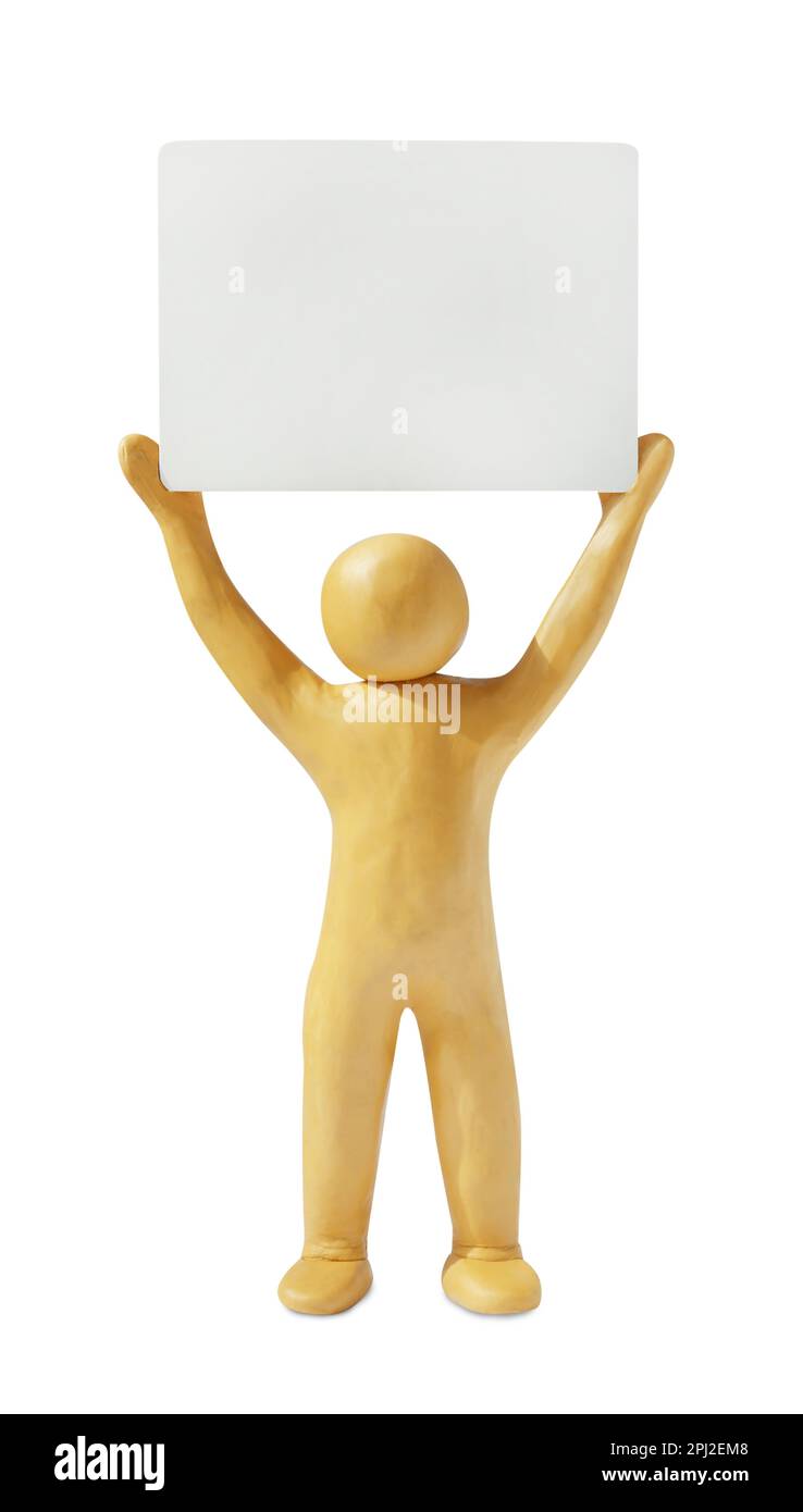 Human figure made of yellow plasticine holding blank paper sheet ...