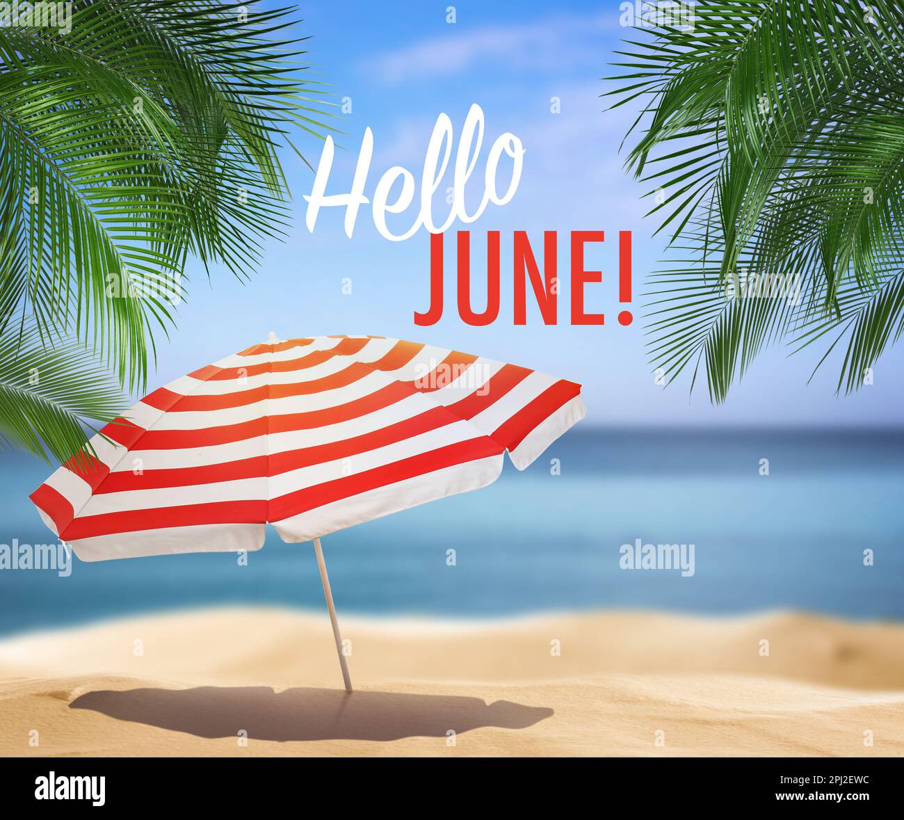 Hello June. Open beach umbrella on sandy coast Stock Photo - Alamy