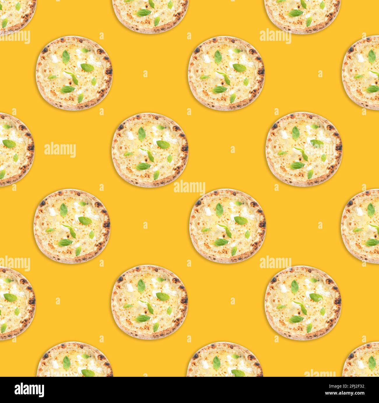 Many delicious cheese pizzas on yellow background, flat lay. Seamless ...