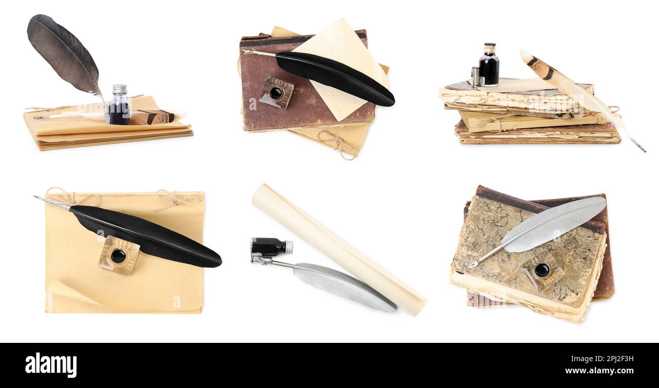 Set with quills, inks and old books on white background Stock Photo - Alamy