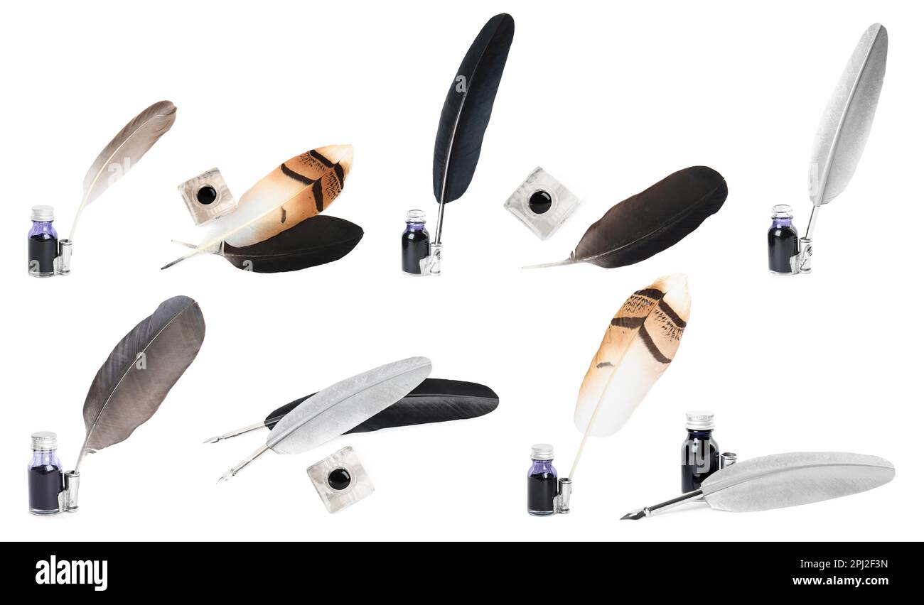 Set with quills and inks on white background Stock Photo - Alamy