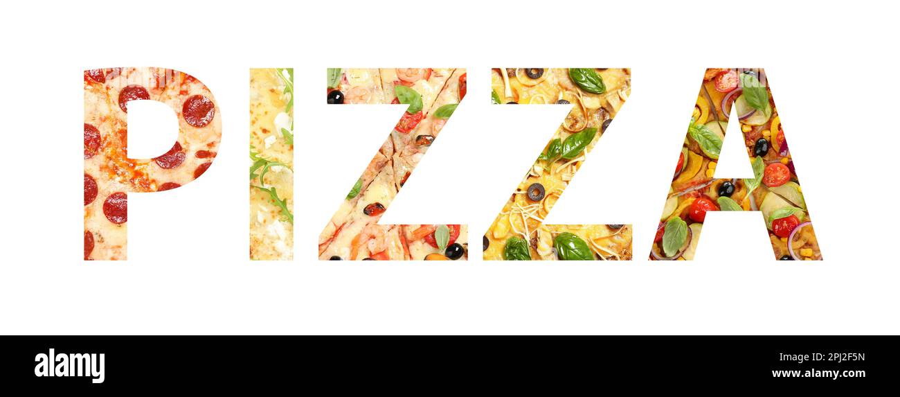 Different tasty pizzas in shape of letters forming word on white ...