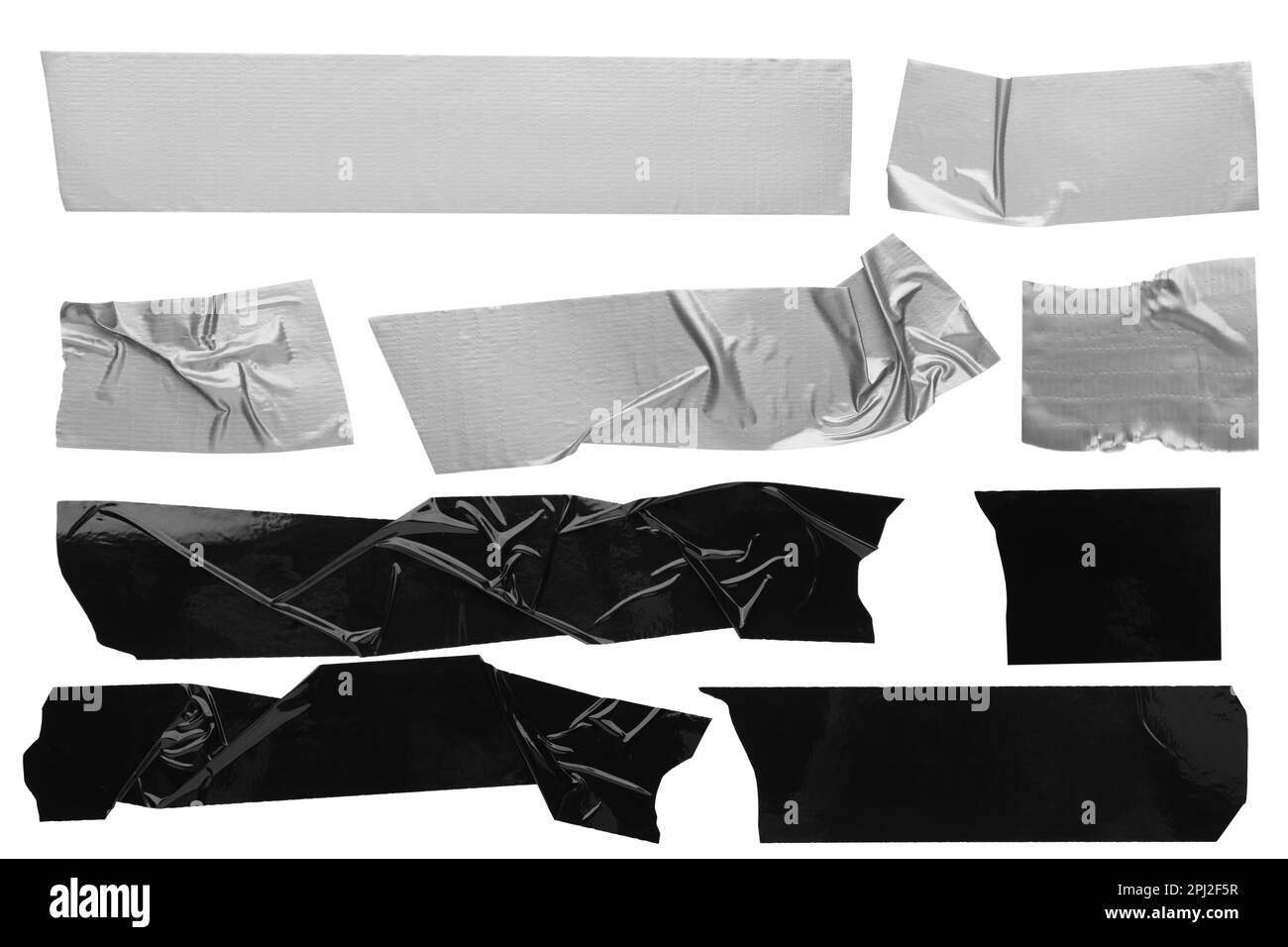 Set with pieces of grey and black adhesive tapes on white background ...