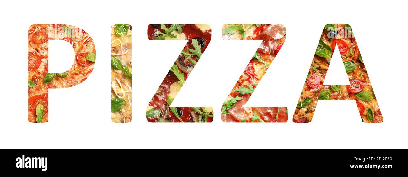 Different tasty pizzas in shape of letters forming word on white ...