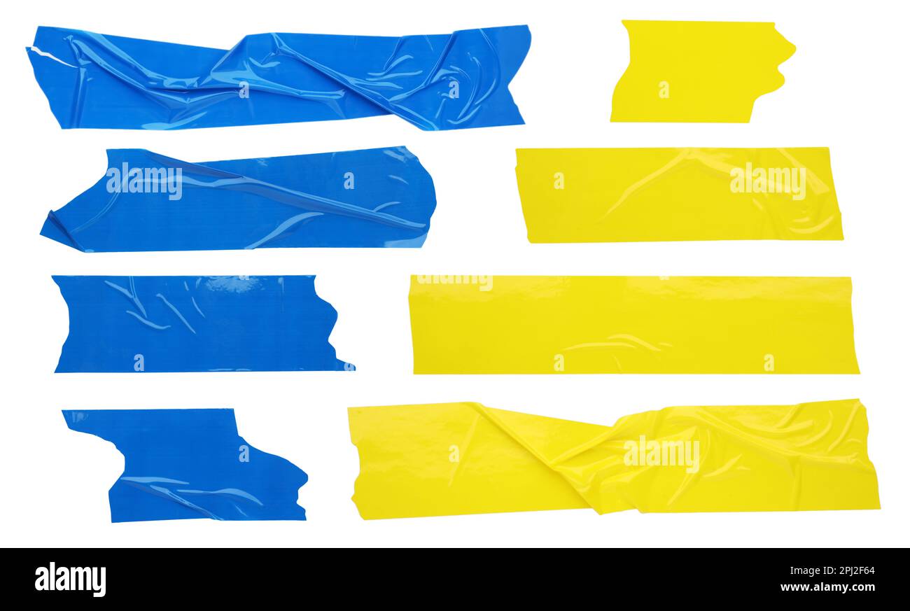 Set with pieces of blue and yellow adhesive tapes on white background ...