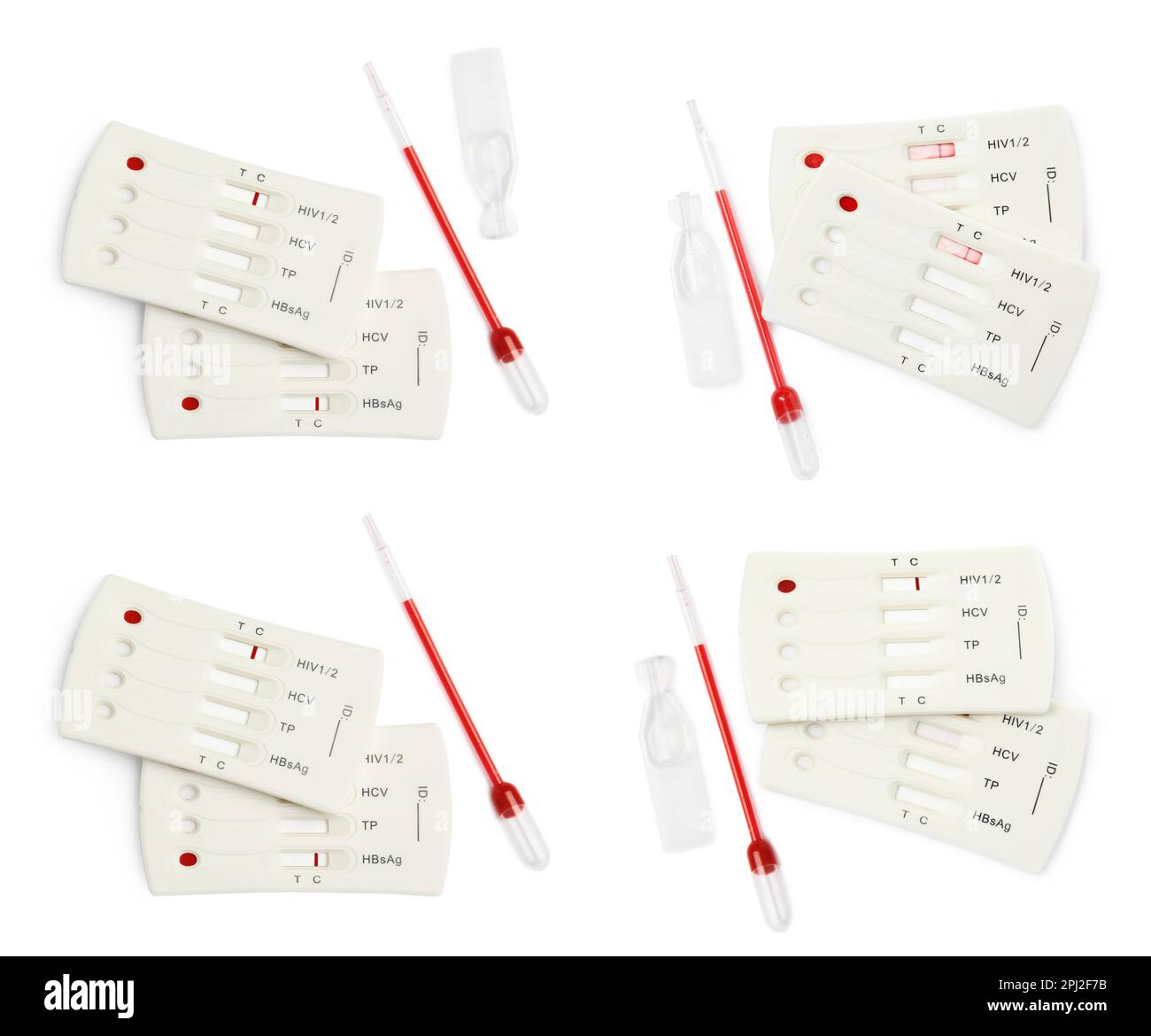 Set with disposable express test kits for hepatitis on white background ...
