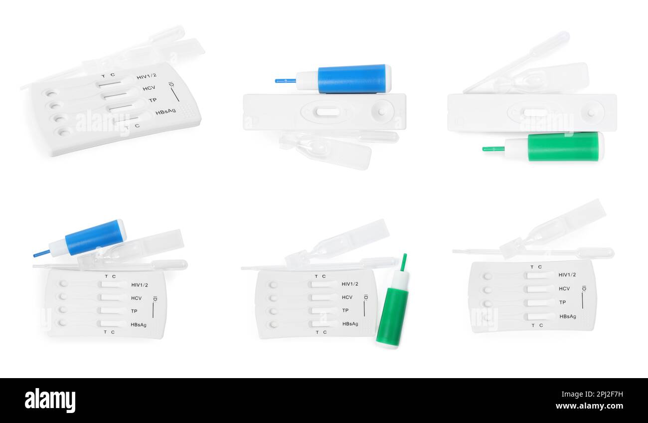 Set with disposable express test kits for hepatitis on white background ...