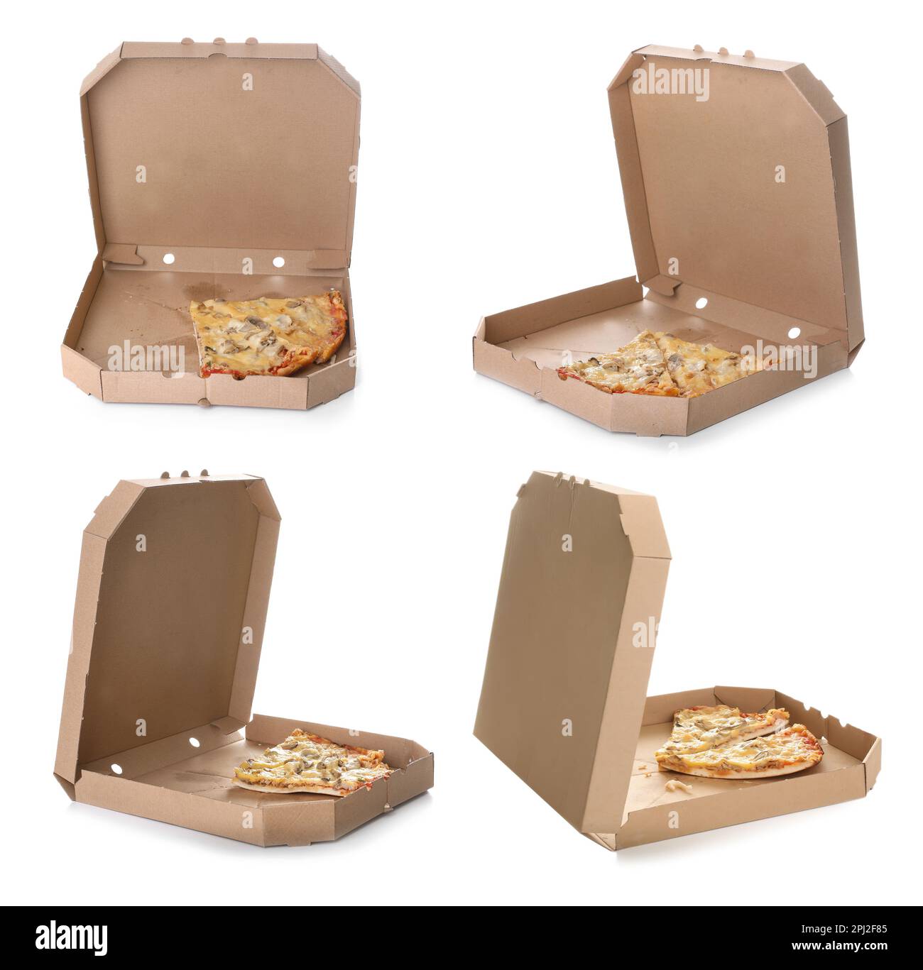Set with slices of pizza in cardboard boxes on white background. Food ...