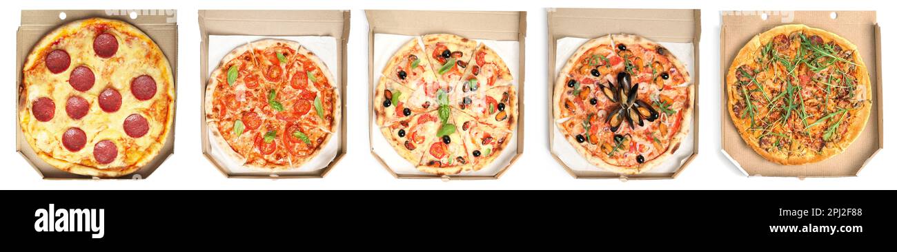 Set with different delicious hot pizzas in cardboard boxes on white ...