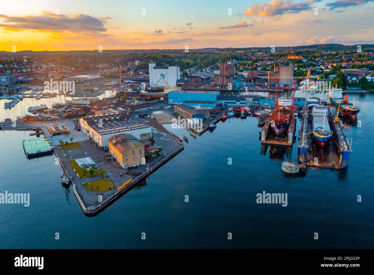Svendborg, Denmark, June 20, 2022: Sunset aerial view of docks Danish ...