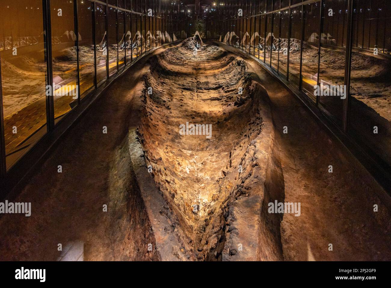 Ladby, Denmark, June 19, 2022: Excavated wooden boat at Vikingemuseet ...