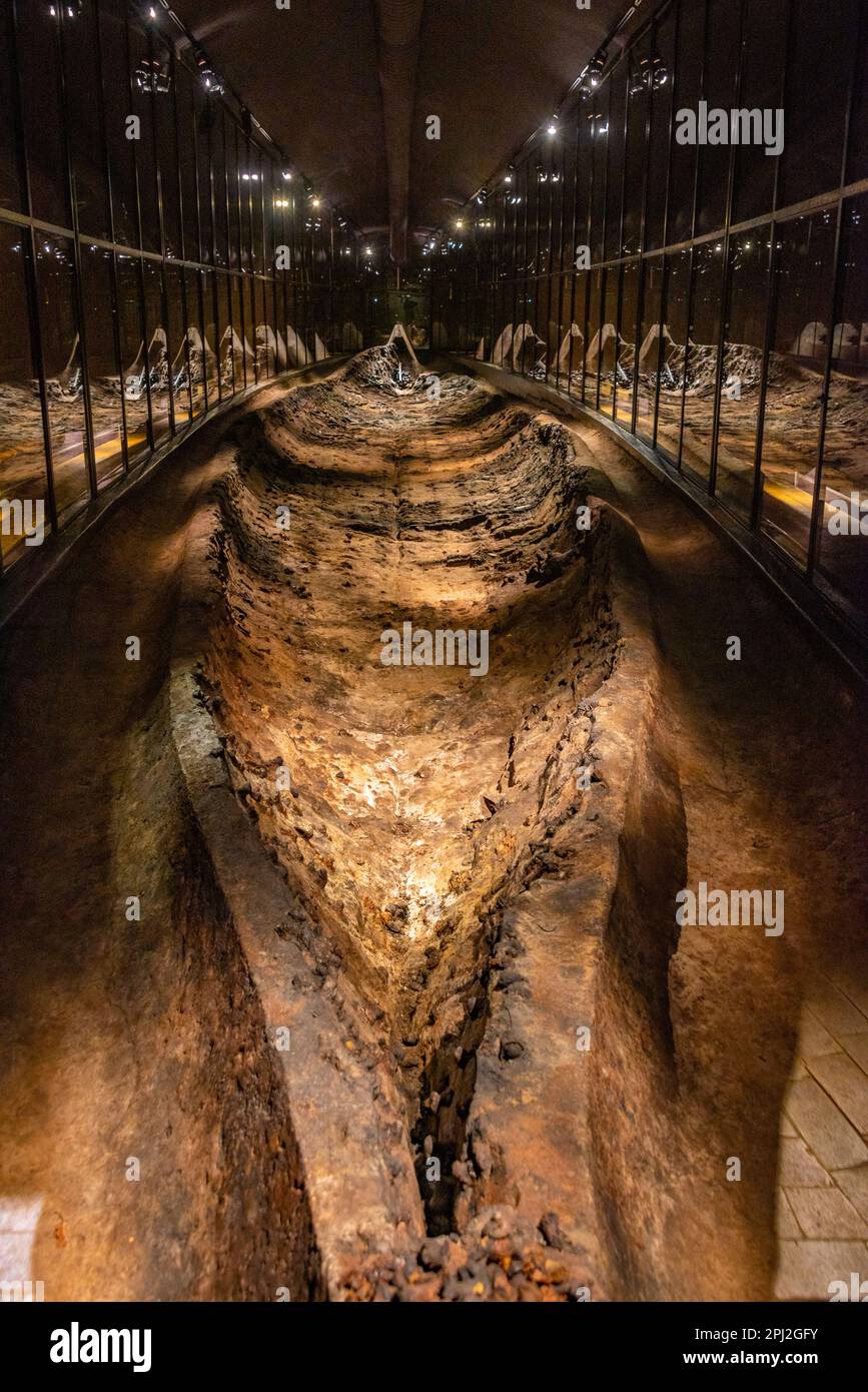 Ladby, Denmark, June 19, 2022: Excavated wooden boat at Vikingemuseet ...