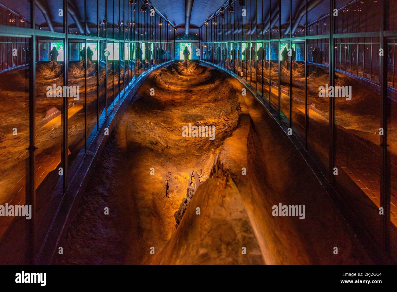 Ladby, Denmark, June 19, 2022: Excavated wooden boat at Vikingemuseet ...