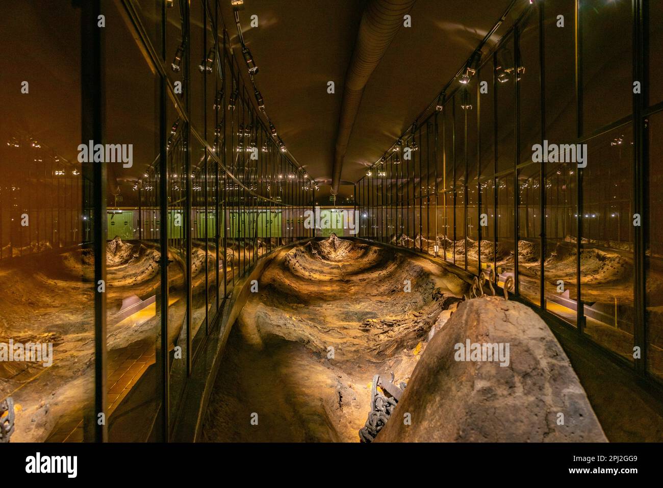 Ladby, Denmark, June 19, 2022: Excavated wooden boat at Vikingemuseet ...