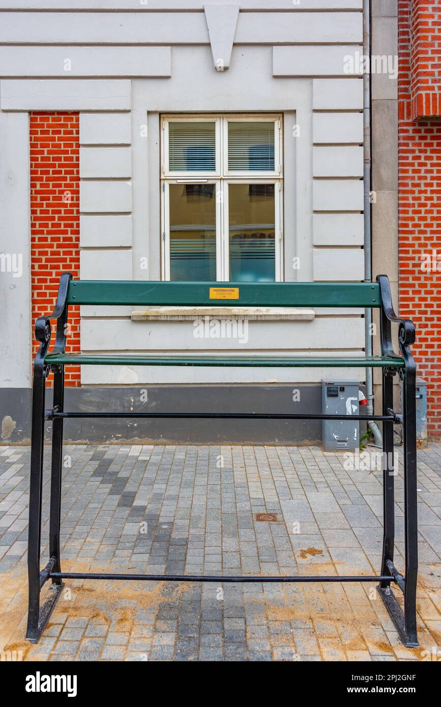 Esbjerg, Denmark, June 17, 2022: Bench documenting rise of sea levels ...