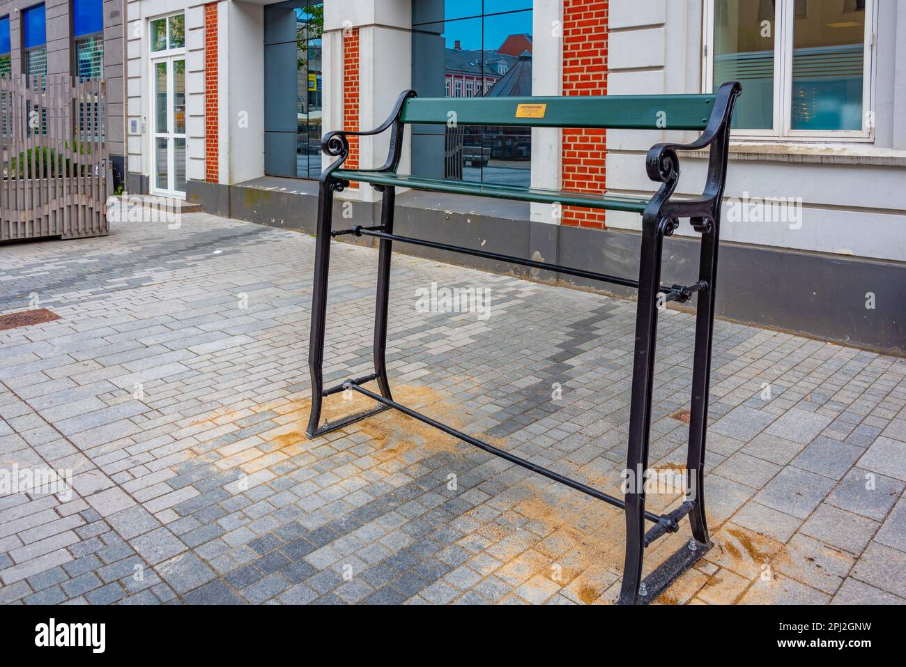 Esbjerg, Denmark, June 17, 2022: Bench documenting rise of sea levels ...