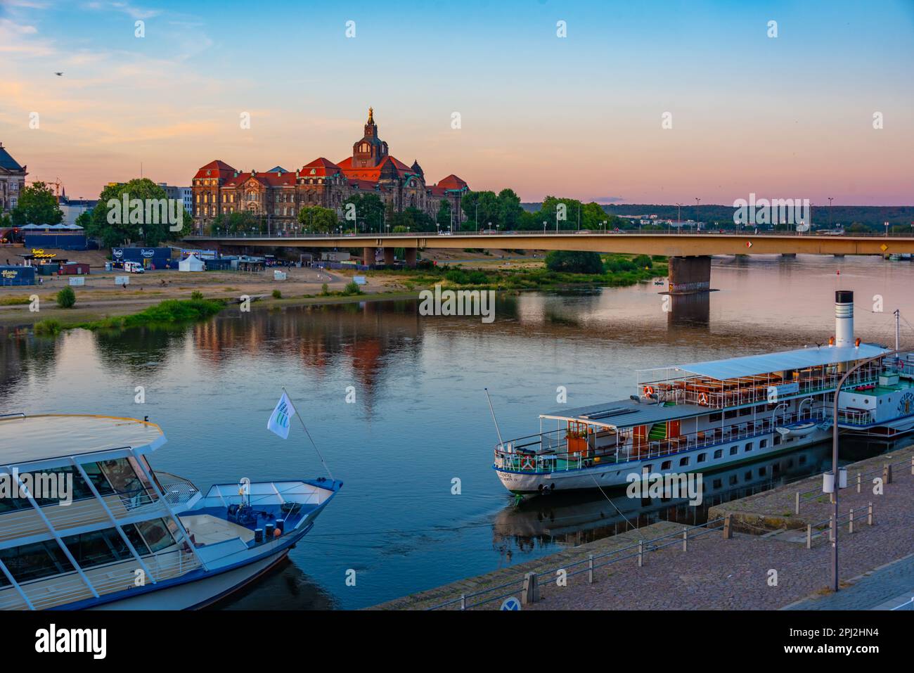 Dresden, Germany, August 7, 2022: Steamboats mooring at the waterfront ...