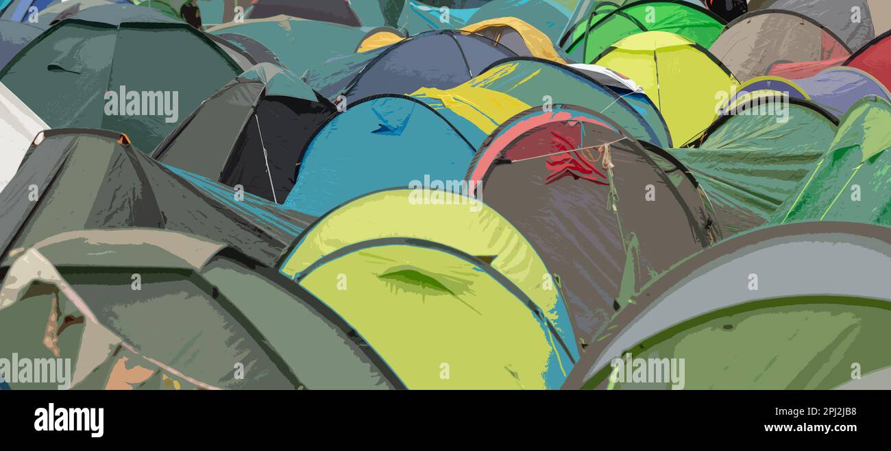Illustration of small tents close together on a camping Stock Photo - Alamy