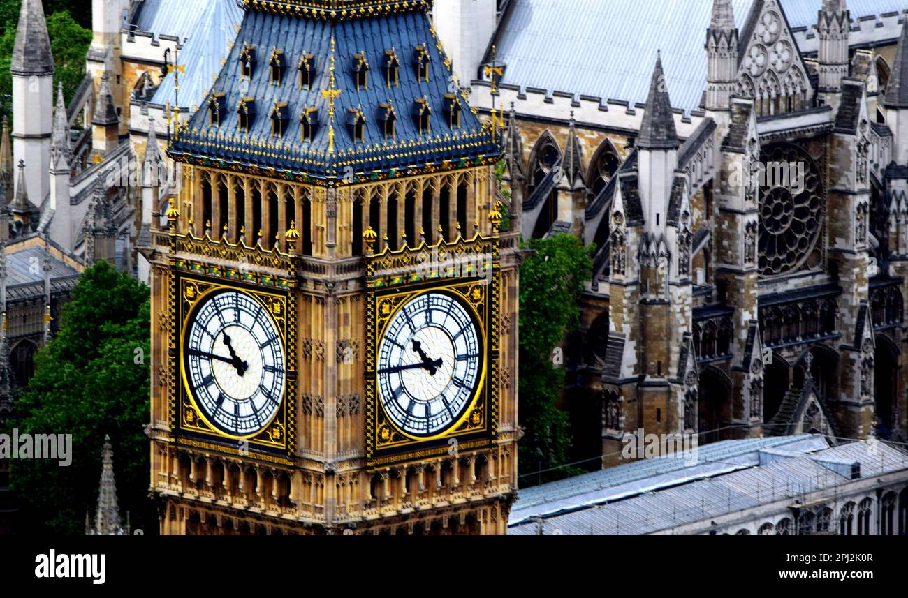 Big Ben clock face and Church of St. Margaret seen from apex of London ...