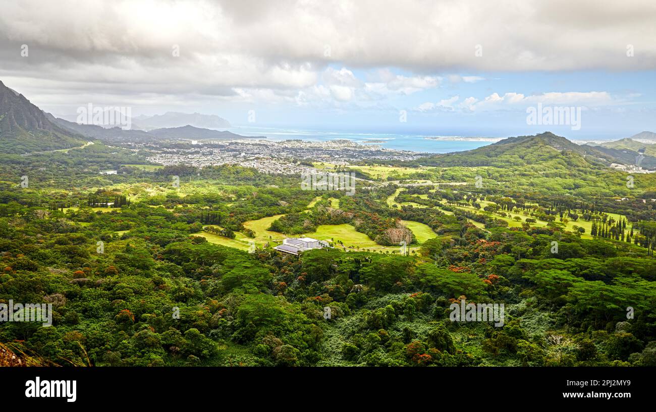 View overlooking Kaneohe, Hawaii on the Island of Oahu Stock Photo - Alamy