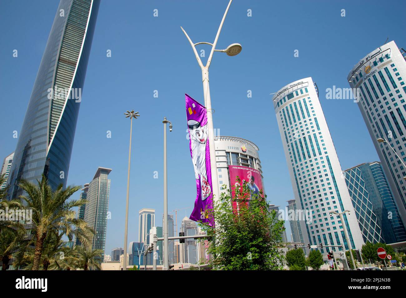 Doha, Qatar - October 7, 2022: City buildings on Omar Al Mukhtar street ...