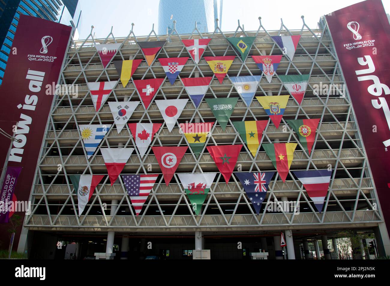 Doha, Qatar - October 7, 2022: Flags of qualified nations for the FIFA ...