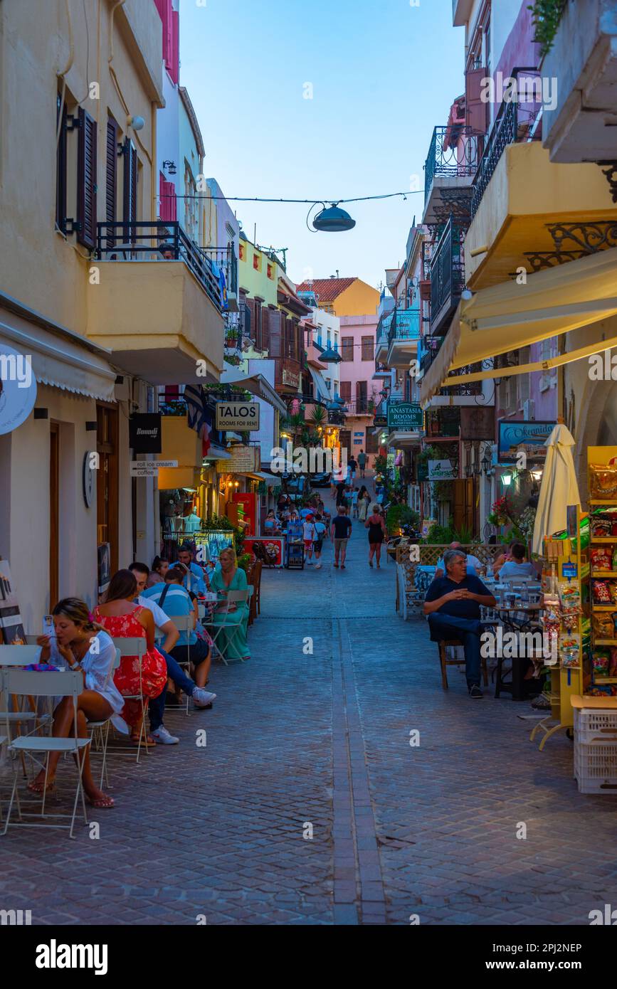 Chania, Greece, August 21, 2022: Sunset view of a tourist street in ...