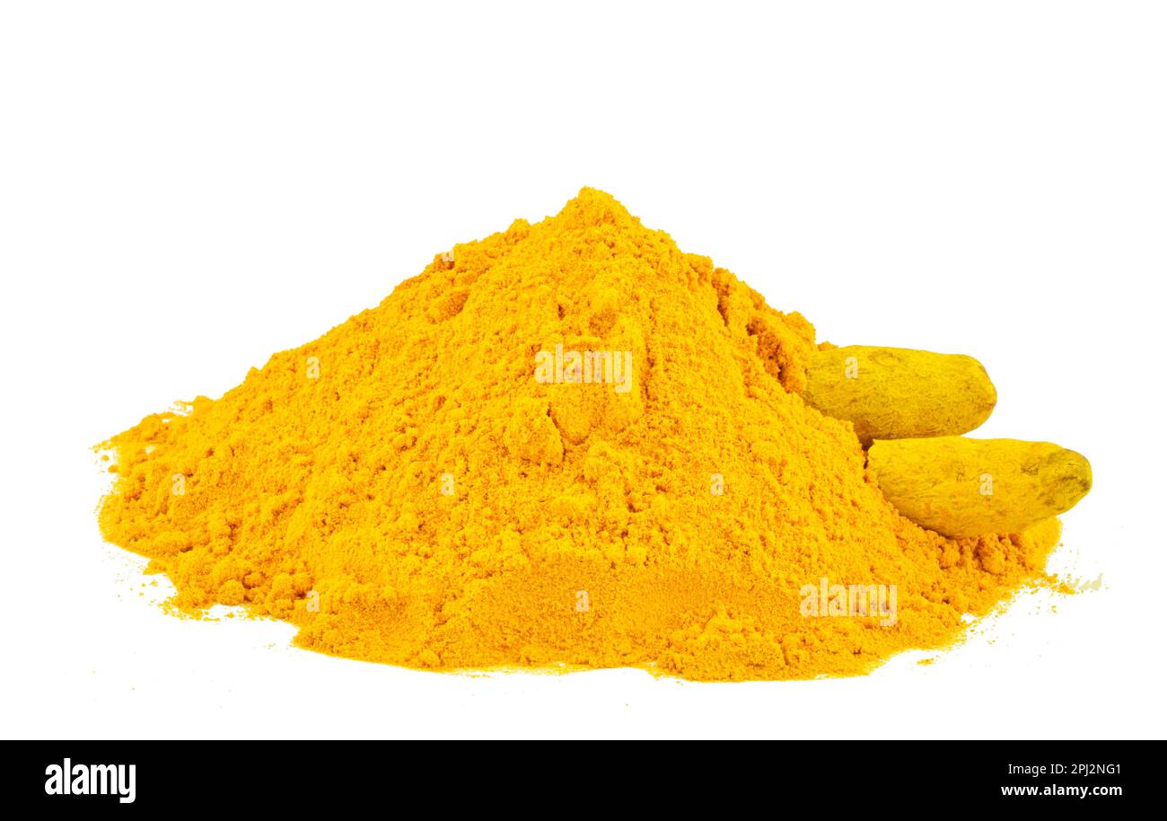 Haldi powder healthy indian spice on white background Stock Photo - Alamy