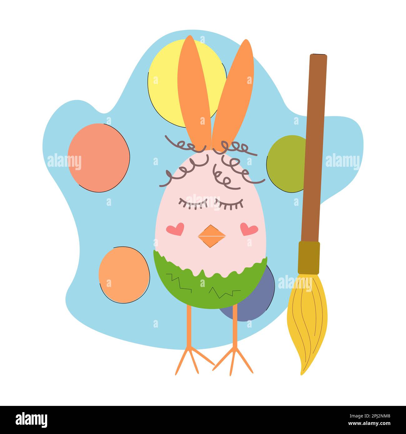 Easter egg with rabbit ears and chicken beak and legs with a big brush ...