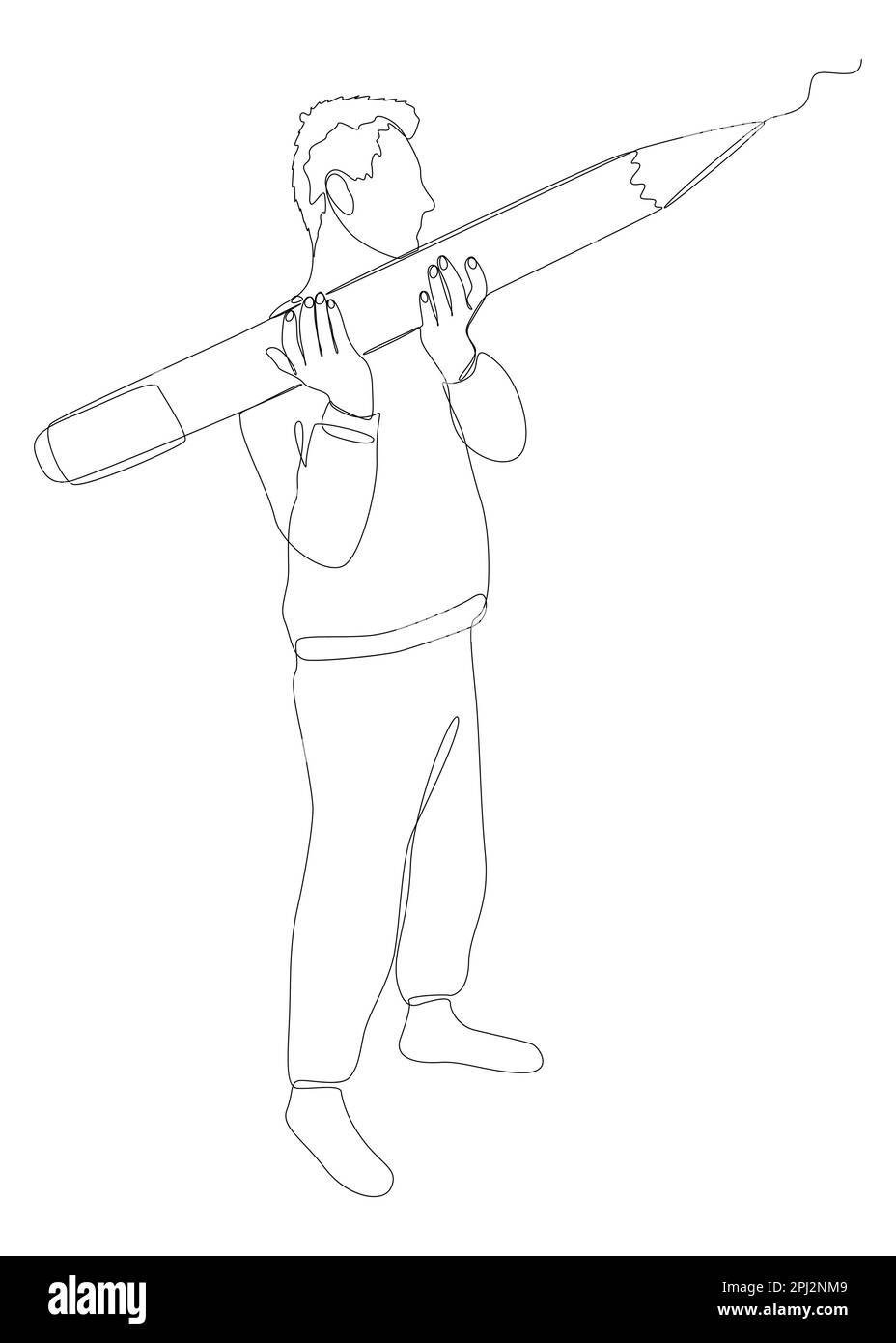 One continuous line of man holding huge pencil. Thin Line Illustration ...
