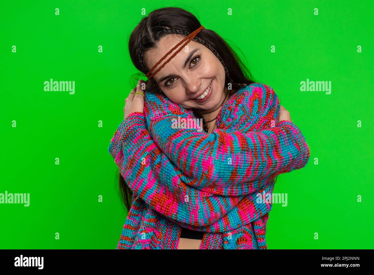 Come to me I want to embrace you. Young happy woman spread hands and ...