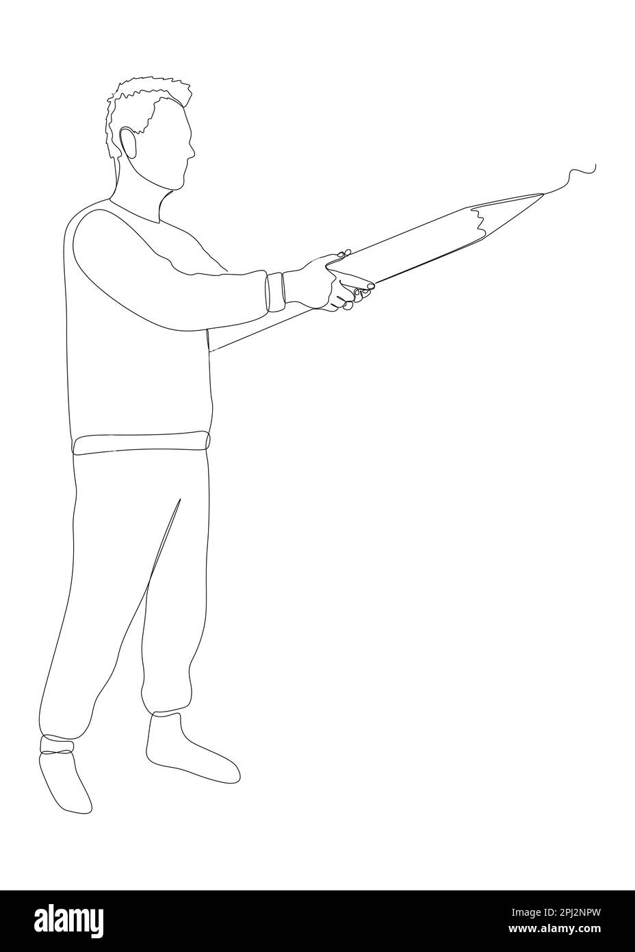 One continuous line of man holding huge pencil. Thin Line Illustration ...