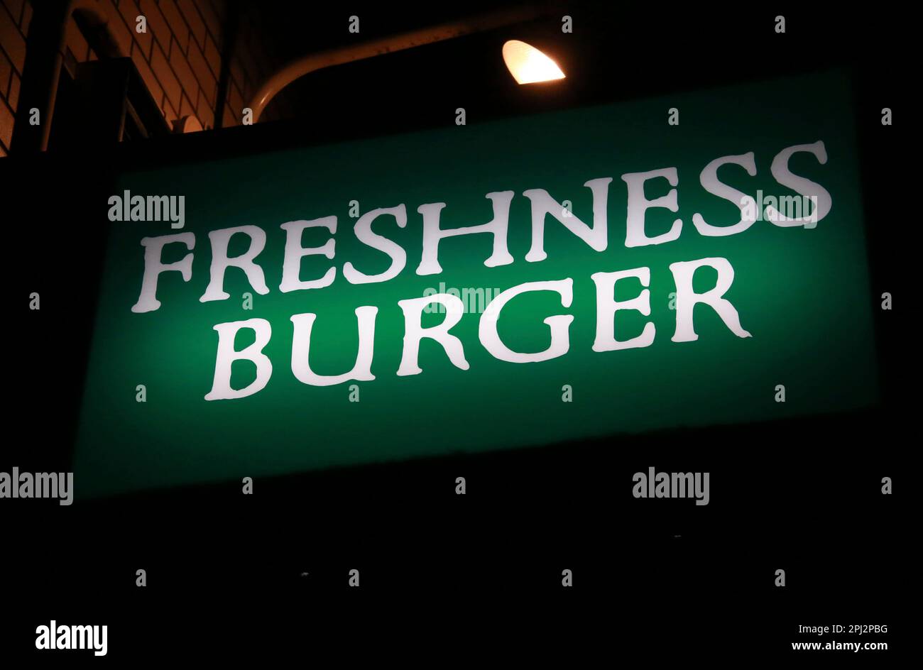 The logo of FRESHNESS BURGER is seen in Shinjuku Ward, Tokyo on June 15 ...