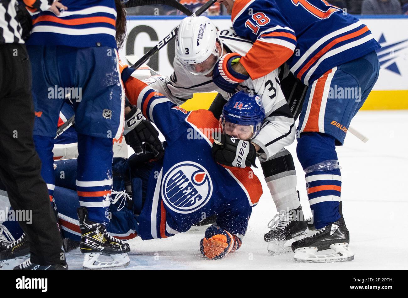 Los Angeles Kings' Matt Roy (3) and Edmonton Oilers' Mattias Ekholm (14 ...