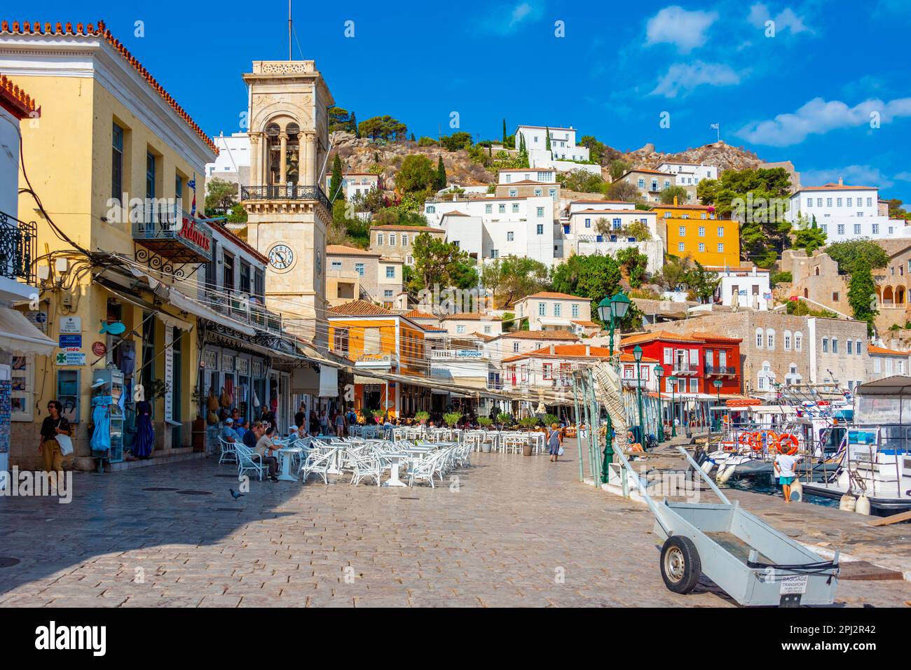 Hydra, Greece, September 5, 2022: Summer day at seaside promenade at ...