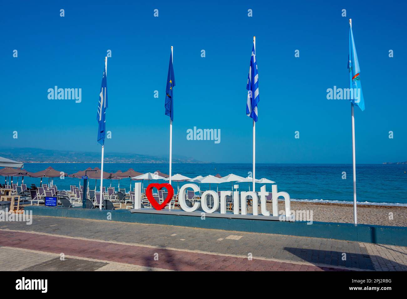 Corinth, Greece, September 10, 2022: Tourist sign on a beach in Corinth ...