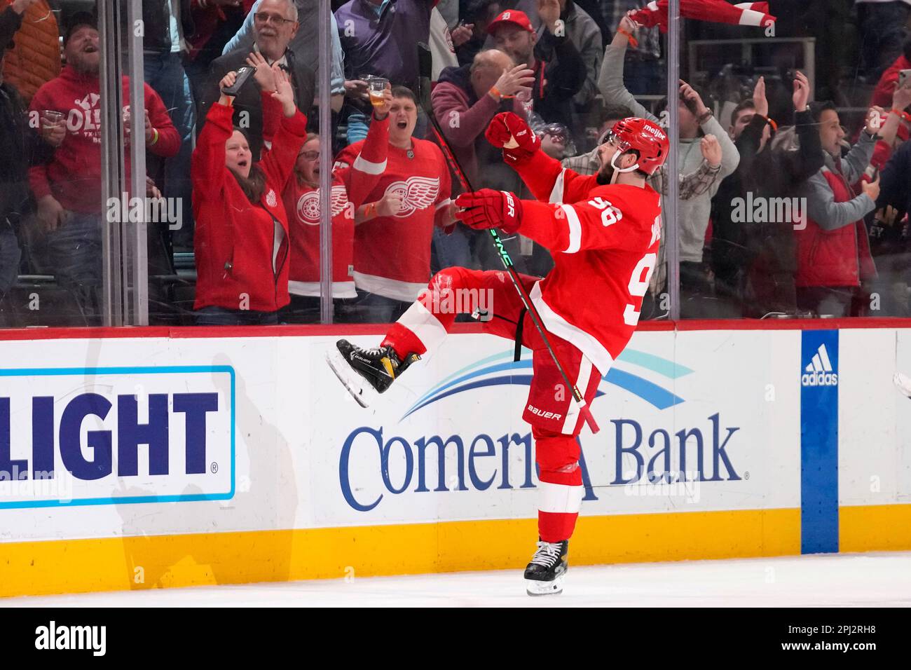 Detroit Red Wings defenseman Jake Walman (96) celebrates his goal ...
