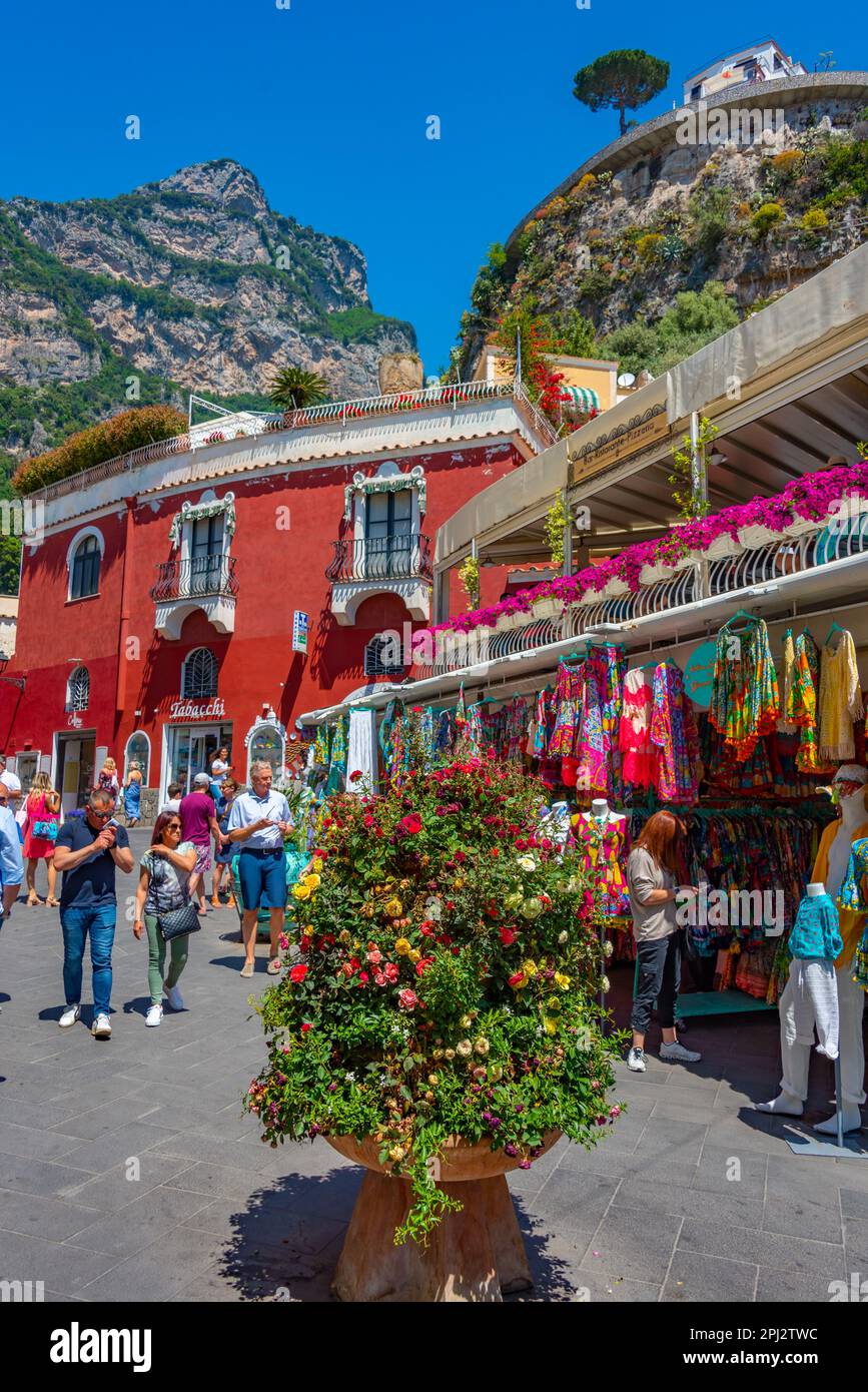 Positano, Italy, May 21, 2022: People are strolling through the old ...