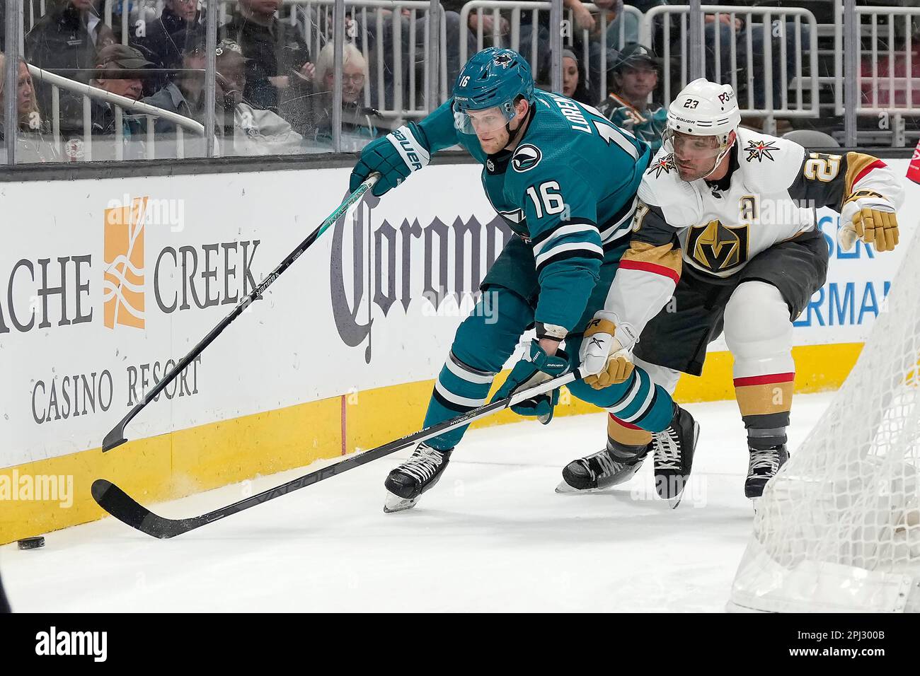 San Jose Sharks center Steven Lorentz (16) and Vegas Golden Knights ...