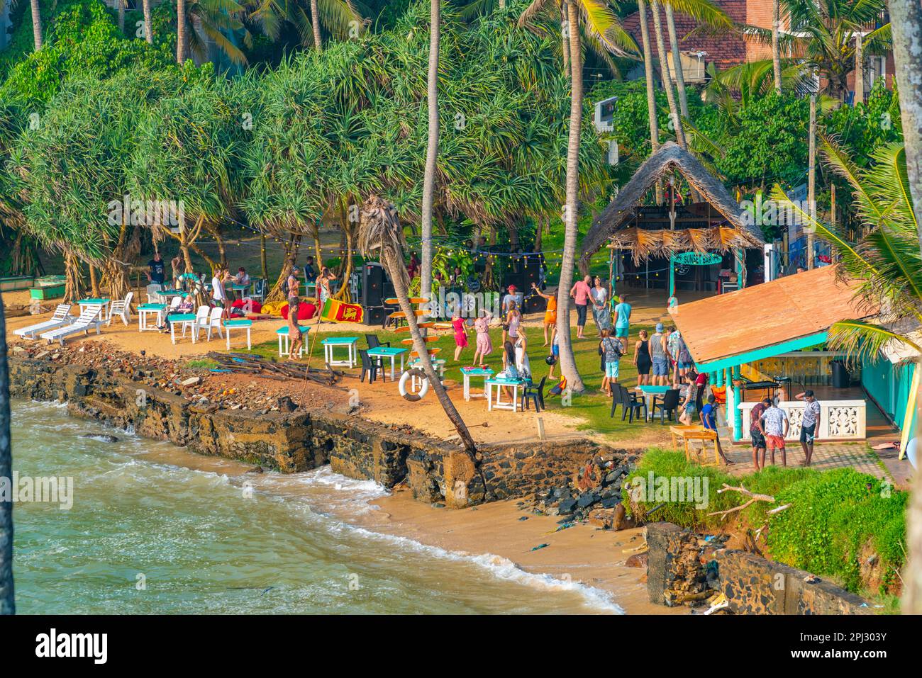 Mirissa, Sri Lanka, January 22, 2022: Sunset view of a beach restaurant ...
