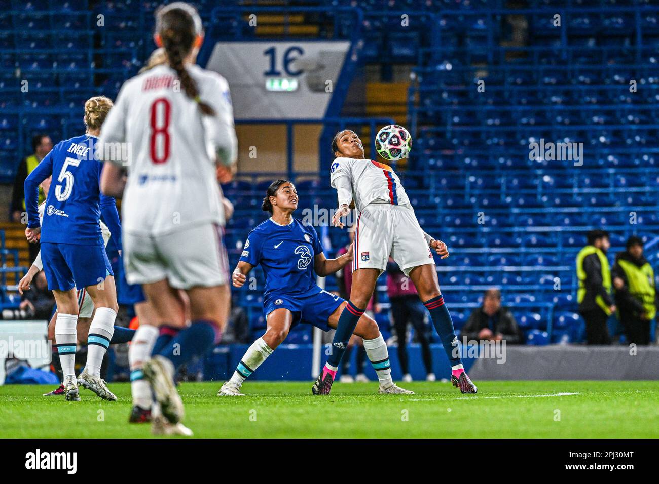 Wendie Renard (3) of Lyon and Samantha Kerr (20) of Chelsea pictured ...